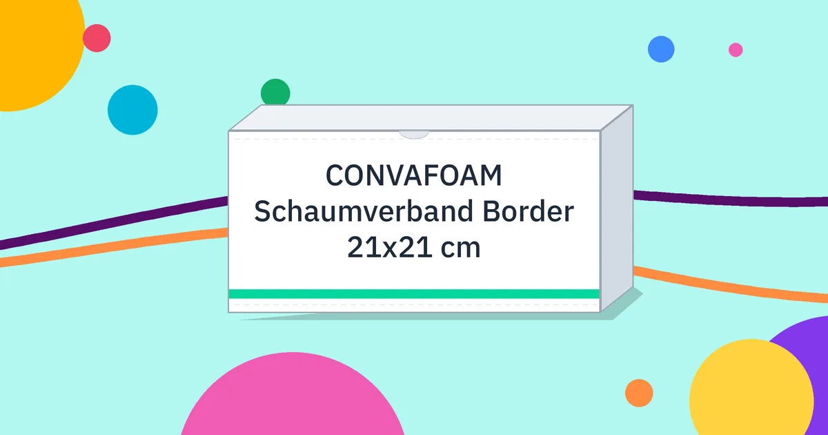 Symbolbild: Packung mit der Aufschrift CONVAFOAM Schaumverband Border 21x21 cm (PZN 20629355) – Verfügbarkeit und Bezug in Apotheken in Frankfurt am Main