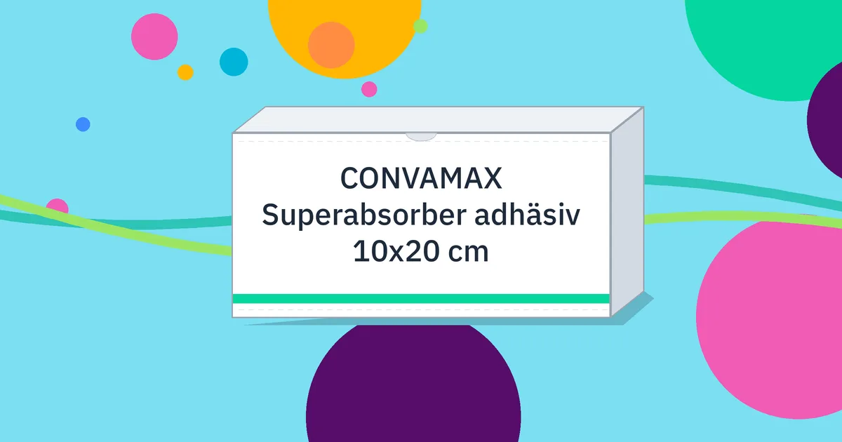 Symbolbild: Packung mit der Aufschrift CONVAMAX Superabsorber adhäsiv 10x20 cm (PZN 19291678) – Verfügbarkeit und Bezug in Apotheken in Frankfurt am Main