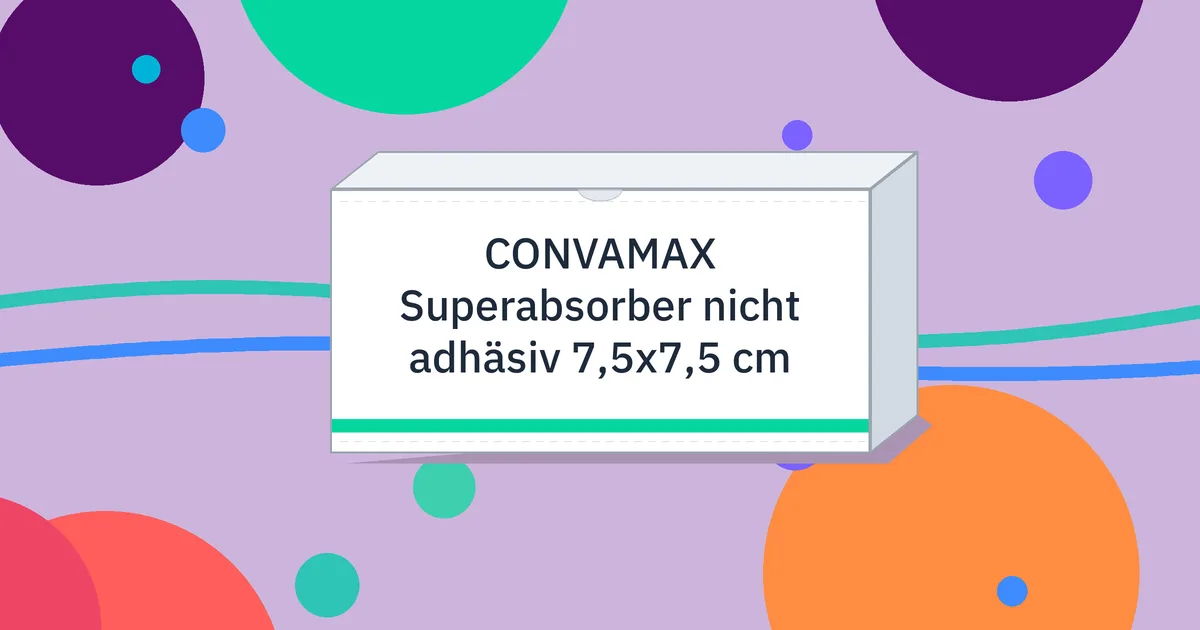 Symbolbild: Packung mit der Aufschrift CONVAMAX Superabsorber nicht adhäsiv 7,5x7,5 cm (PZN 19294085) – Verfügbarkeit und Bezug in Apotheken in Frankfurt am Main