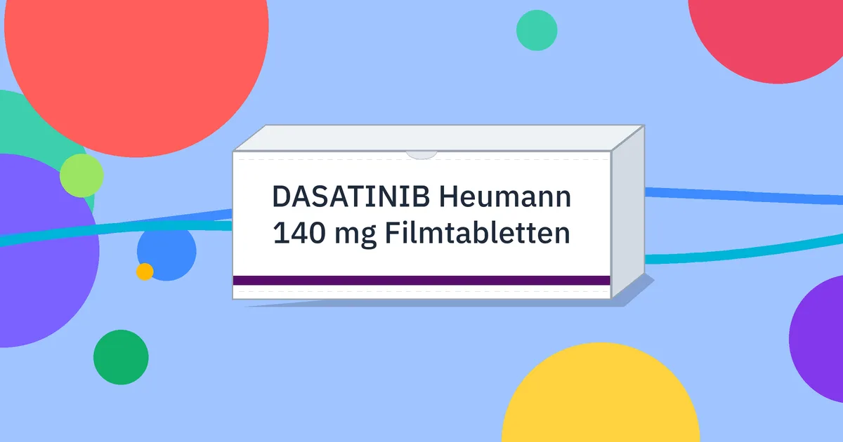 Symbolbild: Packung mit der Aufschrift DASATINIB Heumann 140 mg Filmtabletten (PZN 18066962) – Verfügbarkeit und Bezug in Apotheken in Frankfurt am Main