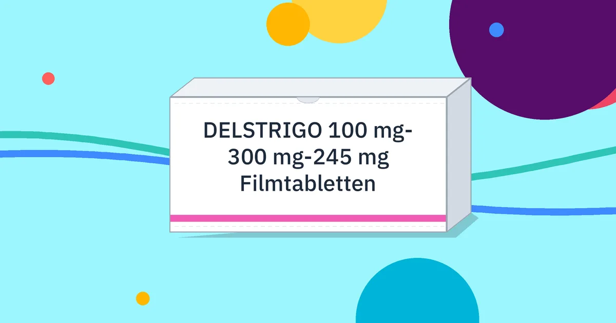 Symbolbild: Packung mit der Aufschrift DELSTRIGO 100 mg-300 mg-245 mg Filmtabletten (PZN 16684325) – Verfügbarkeit und Bezug in Apotheken in Frankfurt am Main