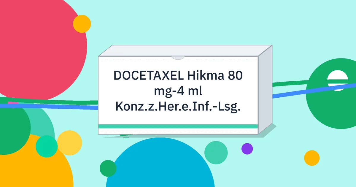 Symbolbild: Packung mit der Aufschrift DOCETAXEL Hikma 80 mg-4 ml Konz.z.Her.e.Inf.-Lsg. (PZN 17867915) – Verfügbarkeit und Bezug in Apotheken in Frankfurt am Main