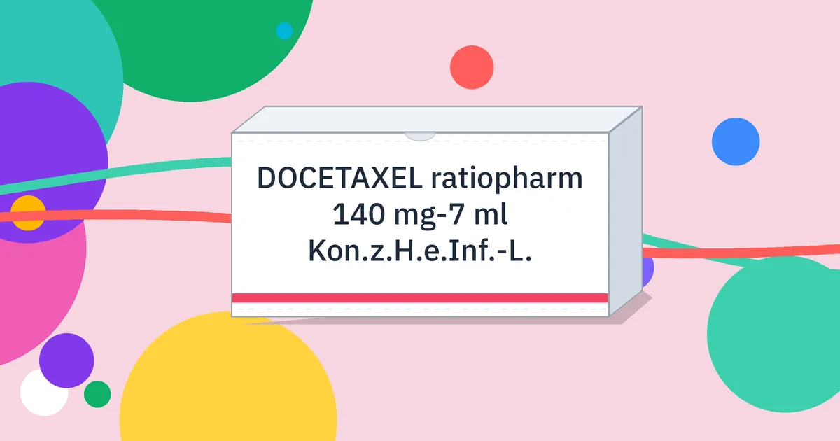 Symbolbild: Packung mit der Aufschrift DOCETAXEL ratiopharm 140 mg-7 ml Kon.z.H.e.Inf.-L. (PZN 07518496) – Verfügbarkeit und Bezug in Apotheken in Frankfurt am Main