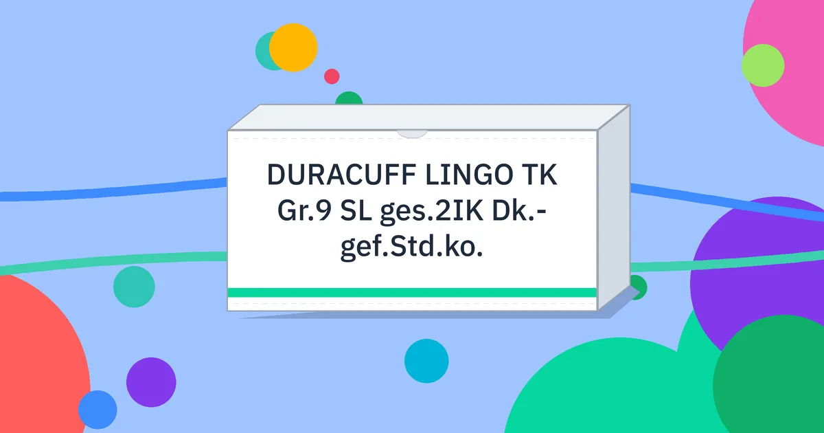 Symbolbild: Packung mit der Aufschrift DURACUFF LINGO TK Gr.9 SL ges.2IK Dk.-gef.Std.ko. (PZN 04958929) – Verfügbarkeit und Bezug in Apotheken in Frankfurt am Main