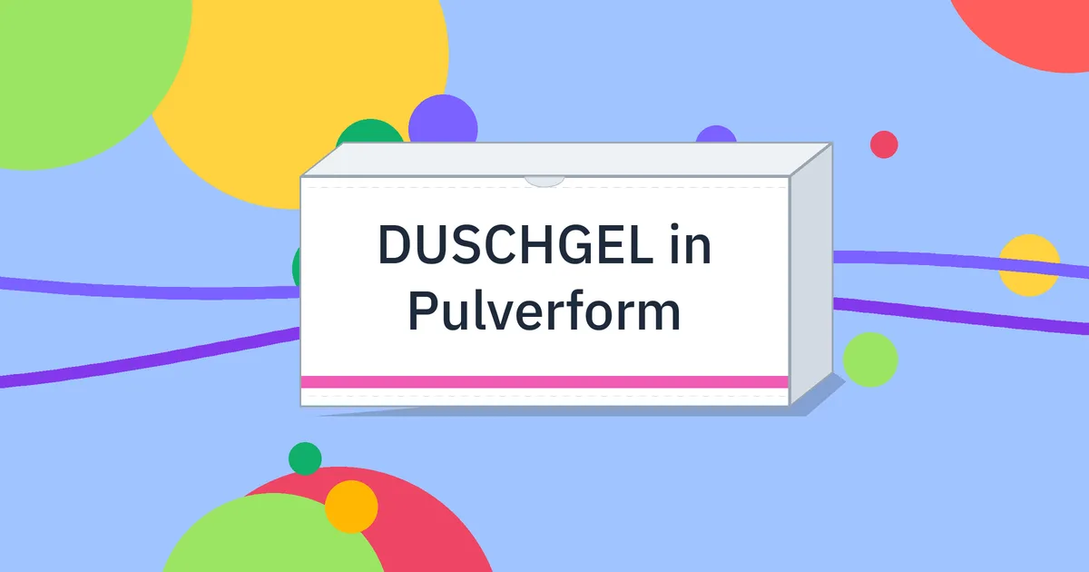 Symbolbild: Packung mit der Aufschrift DUSCHGEL in Pulverform (PZN 18453110) – Verfügbarkeit und Bezug in Apotheken in Frankfurt am Main