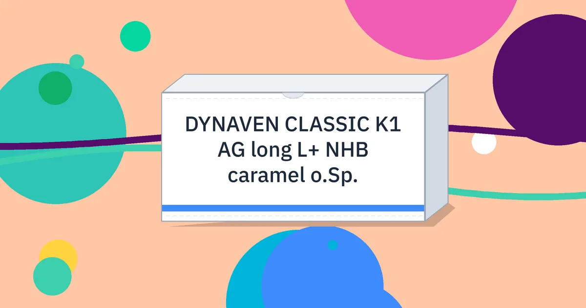 Symbolbild: Packung mit der Aufschrift DYNAVEN CLASSIC K1 AG long L+ NHB caramel o.Sp. (PZN 18415598) – Verfügbarkeit und Bezug in Apotheken in Frankfurt am Main