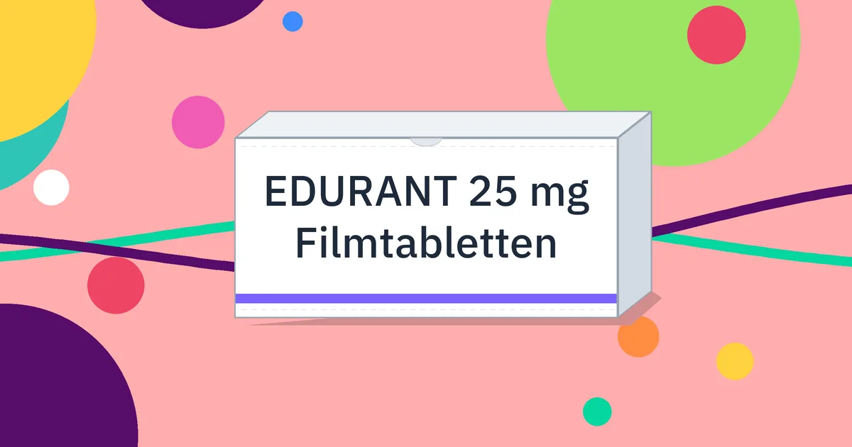 Symbolbild: Packung mit der Aufschrift EDURANT 25 mg Filmtabletten (PZN 06872534) – Verfügbarkeit und Bezug in Apotheken in Frankfurt am Main