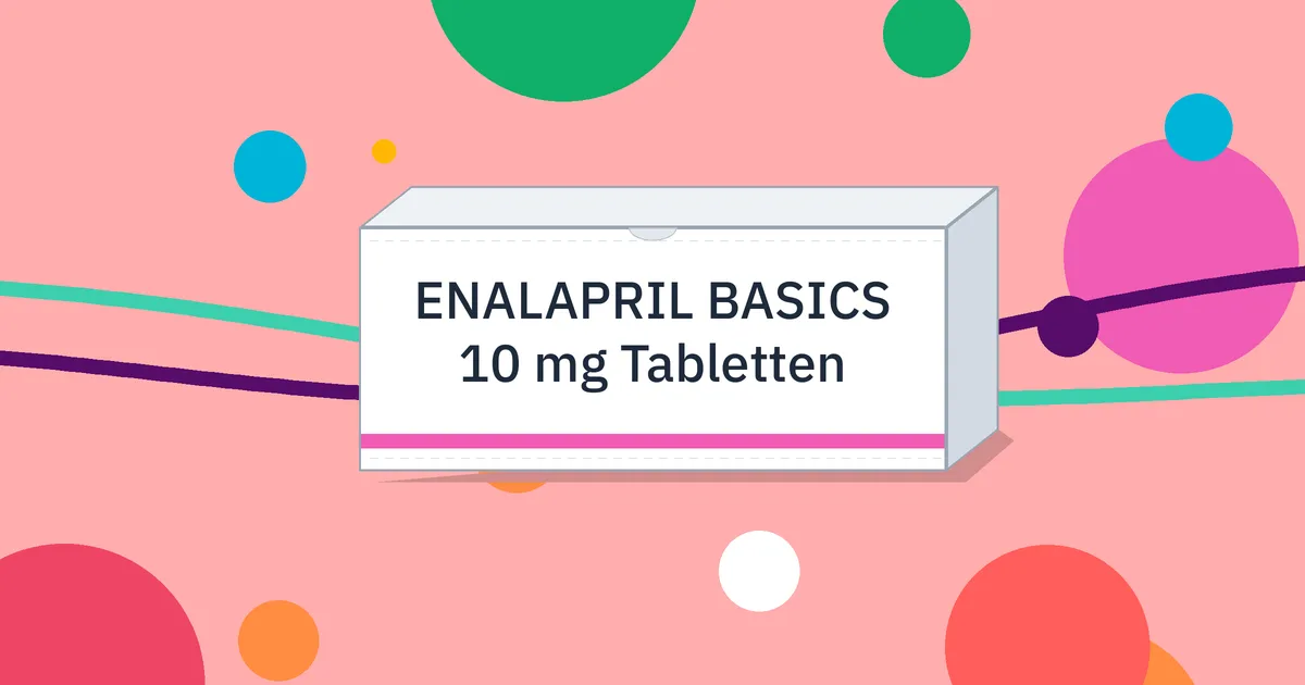 Symbolbild: Packung mit der Aufschrift ENALAPRIL BASICS 10 mg Tabletten (PZN 07129234) – Verfügbarkeit und Bezug in Apotheken in Frankfurt am Main