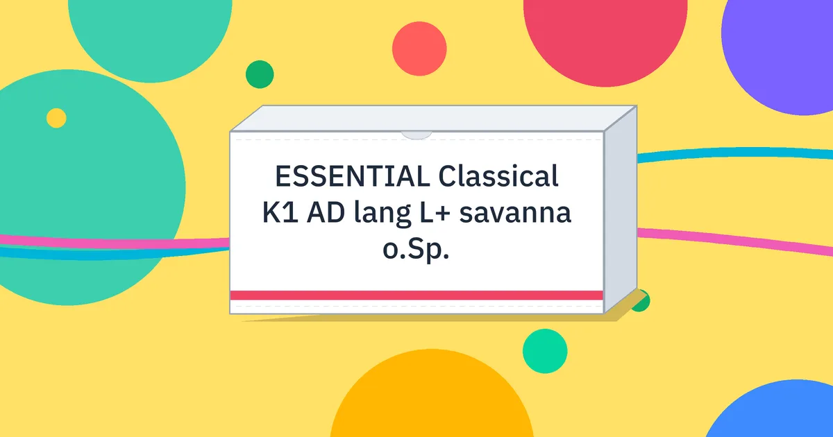 Symbolbild: Packung mit der Aufschrift ESSENTIAL Classical K1 AD lang L+ savanna o.Sp. (PZN 17003936) – Verfügbarkeit und Bezug in Apotheken in Frankfurt am Main