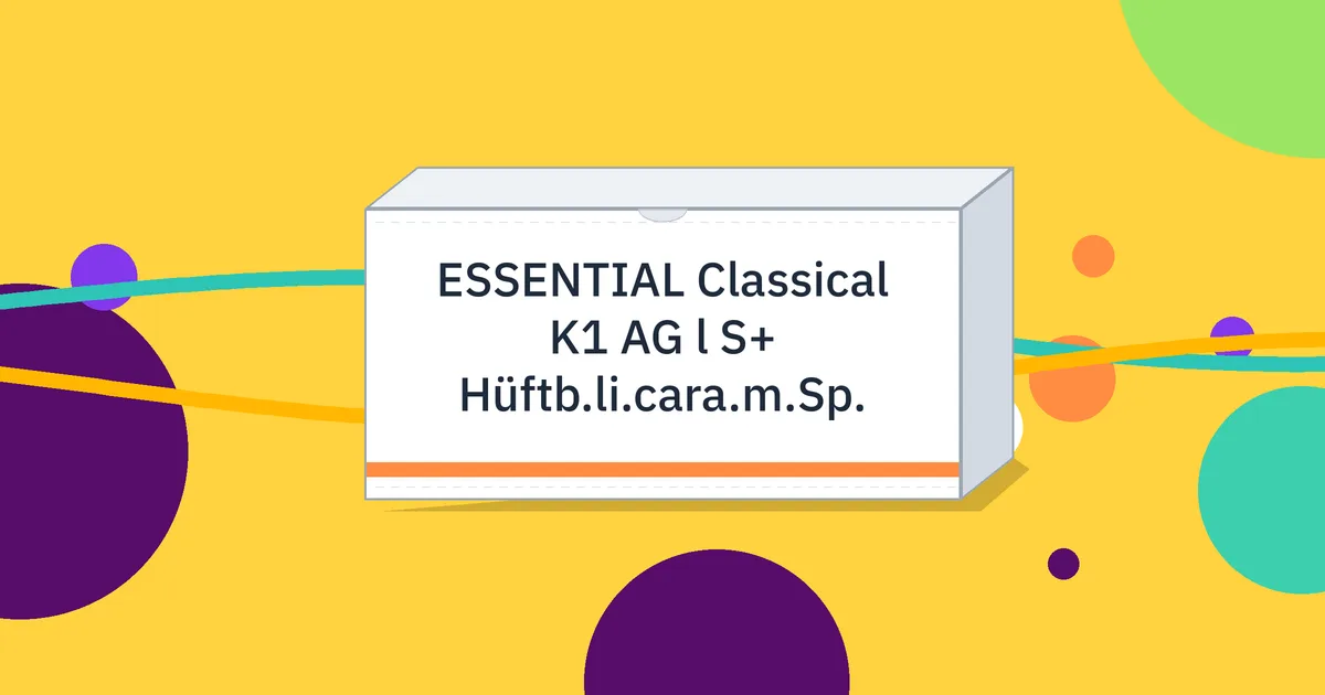 Symbolbild: Packung mit der Aufschrift ESSENTIAL Classical K1 AG l S+ Hüftb.li.cara.m.Sp. (PZN 17011597) – Verfügbarkeit und Bezug in Apotheken in Frankfurt am Main