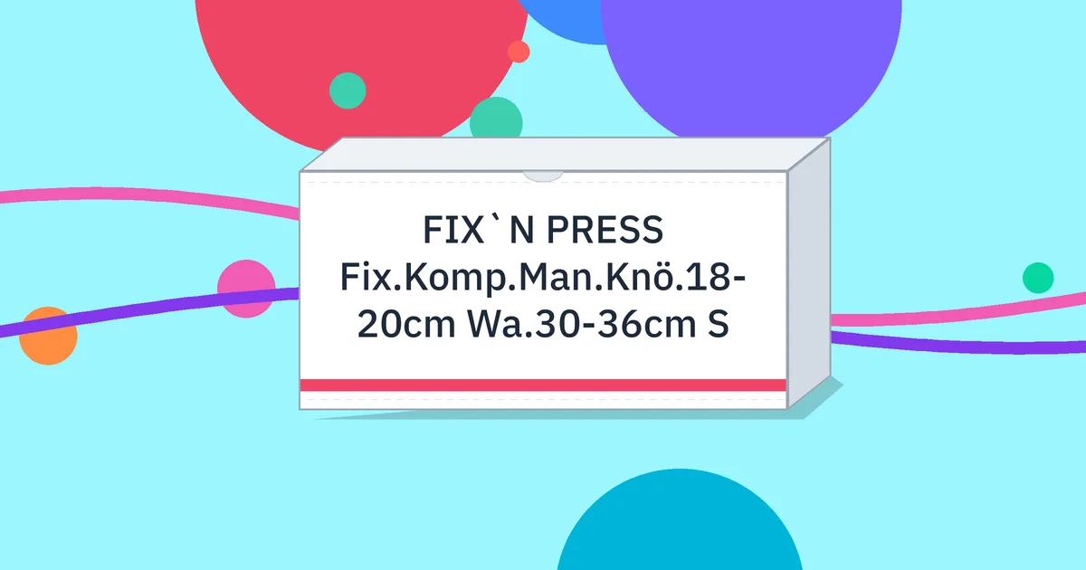 Symbolbild: Packung mit der Aufschrift FIX`N PRESS Fix.Komp.Man.Knö.18-20cm Wa.30-36cm S (PZN 19077577) – Verfügbarkeit und Bezug in Apotheken in Frankfurt am Main