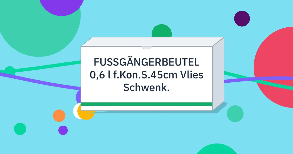 Symbolbild: Packung mit der Aufschrift FUSSGÄNGERBEUTEL 0,6 l f.Kon.S.45cm Vlies Schwenk. (PZN 06095705) – Verfügbarkeit und Bezug in Apotheken in Frankfurt am Main