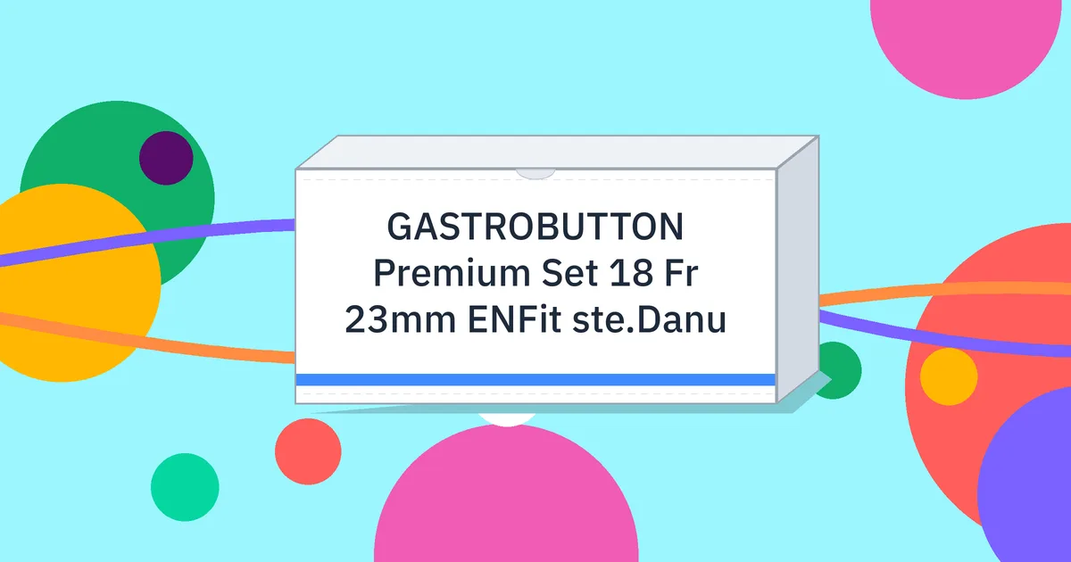 Symbolbild: Packung mit der Aufschrift GASTROBUTTON Premium Set 18 Fr 23mm ENFit ste.Danu (PZN 16883800) – Verfügbarkeit und Bezug in Apotheken in Frankfurt am Main