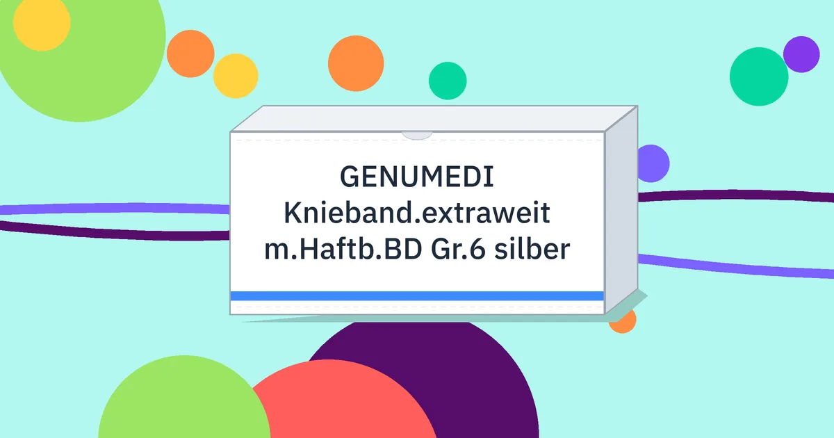 Symbolbild: Packung mit der Aufschrift GENUMEDI Knieband.extraweit m.Haftb.BD Gr.6 silber (PZN 18779768) – Verfügbarkeit und Bezug in Apotheken in Frankfurt am Main