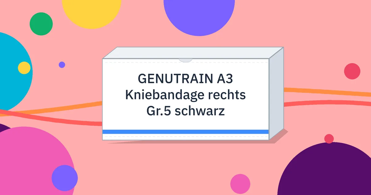 Symbolbild: Packung mit der Aufschrift GENUTRAIN A3 Kniebandage rechts Gr.5 schwarz (PZN 19100023) – Verfügbarkeit und Bezug in Apotheken in Frankfurt am Main