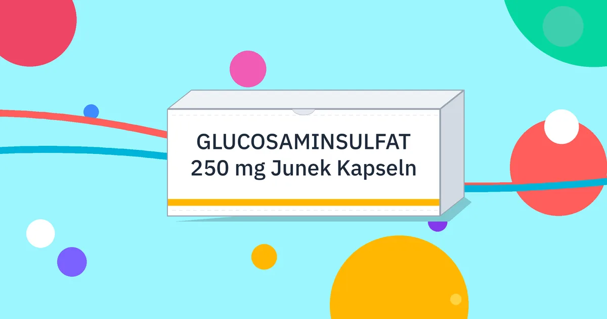 Symbolbild: Packung mit der Aufschrift GLUCOSAMINSULFAT 250 mg Junek Kapseln (PZN 01033929) – Verfügbarkeit und Bezug in Apotheken in Frankfurt am Main