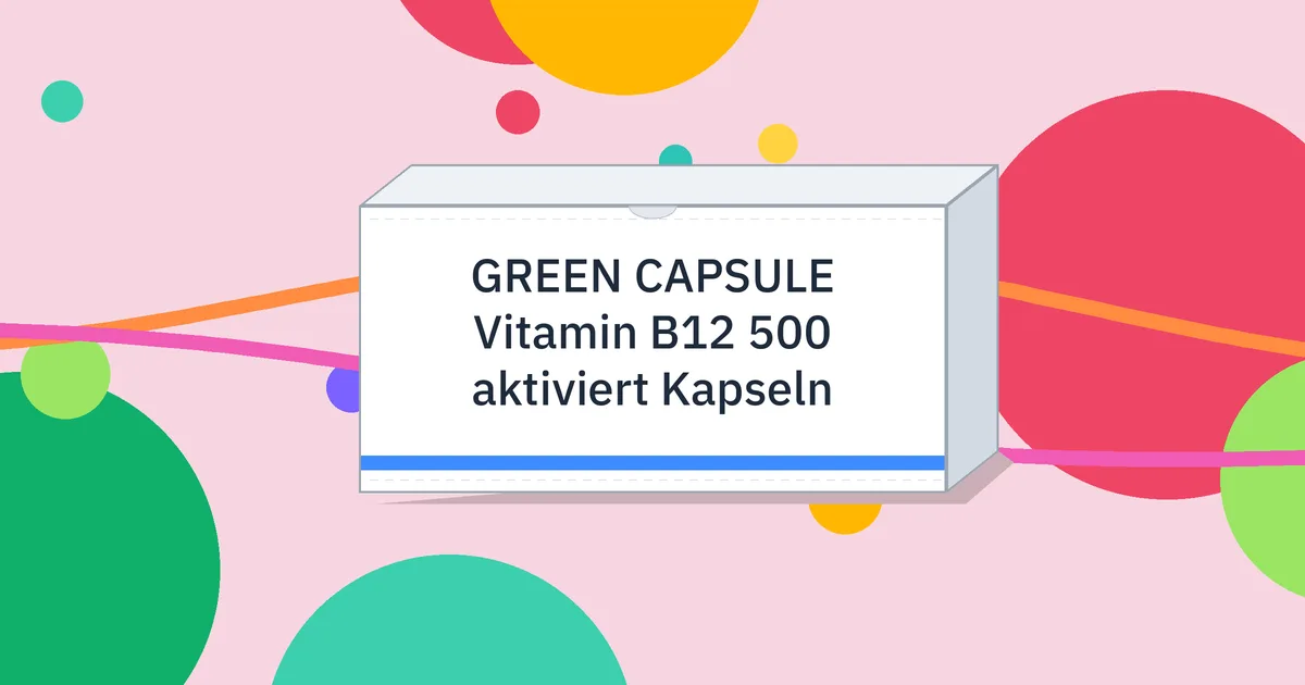 Symbolbild: Packung mit der Aufschrift GREEN CAPSULE Vitamin B12 500 aktiviert Kapseln (PZN 18294930) – Verfügbarkeit und Bezug in Apotheken in Frankfurt am Main