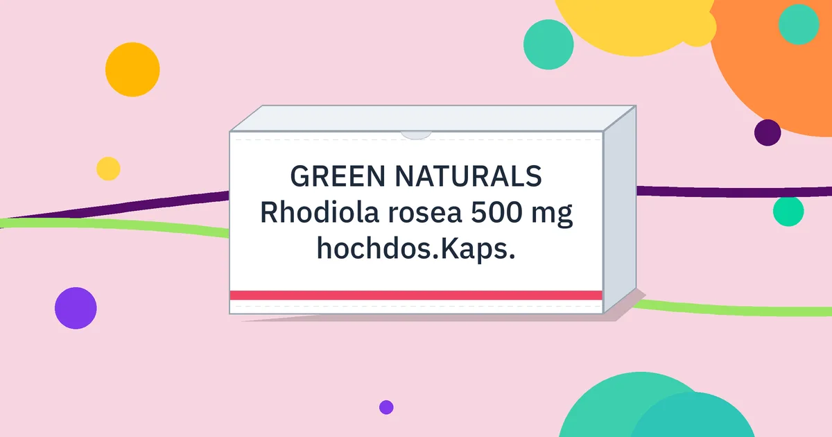 Symbolbild: Packung mit der Aufschrift GREEN NATURALS Rhodiola rosea 500 mg hochdos.Kaps. (PZN 18099200) – Verfügbarkeit und Bezug in Apotheken in Frankfurt am Main