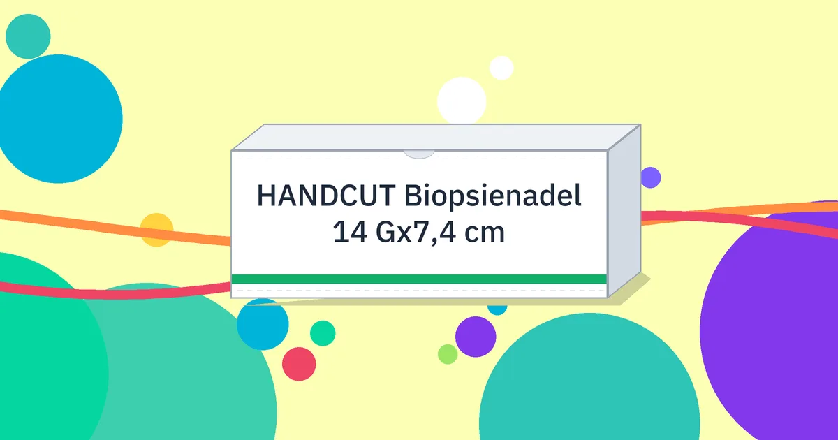 Symbolbild: Packung mit der Aufschrift HANDCUT Biopsienadel 14 Gx7,4 cm (PZN 16921506) – Verfügbarkeit und Bezug in Apotheken in Frankfurt am Main