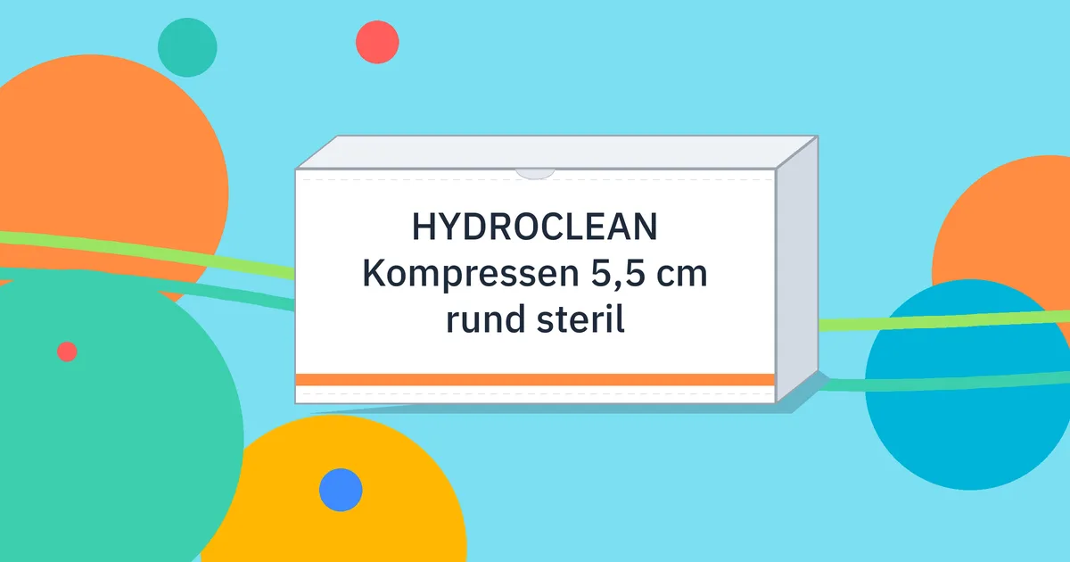 Symbolbild: Packung mit der Aufschrift HYDROCLEAN Kompressen 5,5 cm rund steril (PZN 14289748) – Verfügbarkeit und Bezug in Apotheken in Frankfurt am Main
