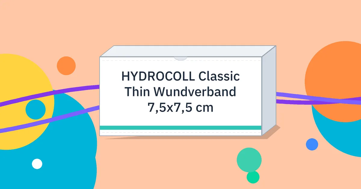 Symbolbild: Packung mit der Aufschrift HYDROCOLL Classic Thin Wundverband 7,5x7,5 cm (PZN 20125169) – Verfügbarkeit und Bezug in Apotheken in Frankfurt am Main