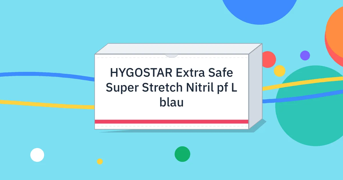 Symbolbild: Packung mit der Aufschrift HYGOSTAR Extra Safe Super Stretch Nitril pf L blau (PZN 20773661) – Verfügbarkeit und Bezug in Apotheken in Frankfurt am Main
