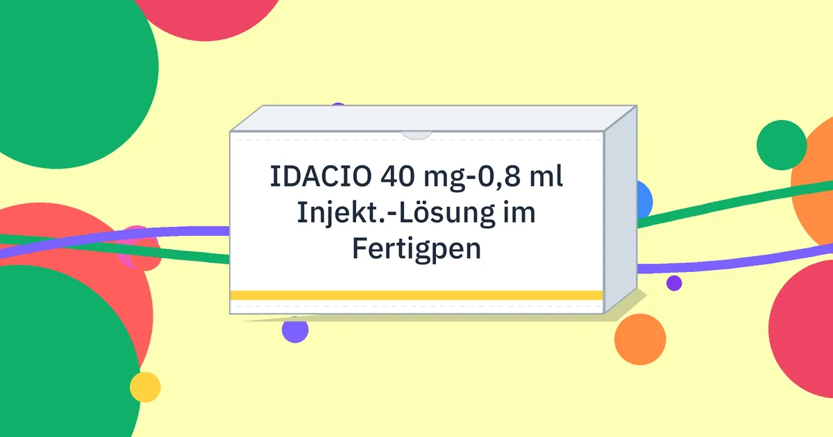 Symbolbild: Packung mit der Aufschrift IDACIO 40 mg-0,8 ml Injekt.-Lösung im Fertigpen (PZN 20595165) – Verfügbarkeit und Bezug in Apotheken in Frankfurt am Main