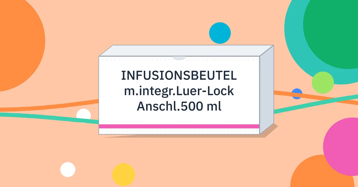 Symbolbild: Packung mit der Aufschrift INFUSIONSBEUTEL m.integr.Luer-Lock Anschl.500 ml (PZN 19986386) – Verfügbarkeit und Bezug in Apotheken in Frankfurt am Main
