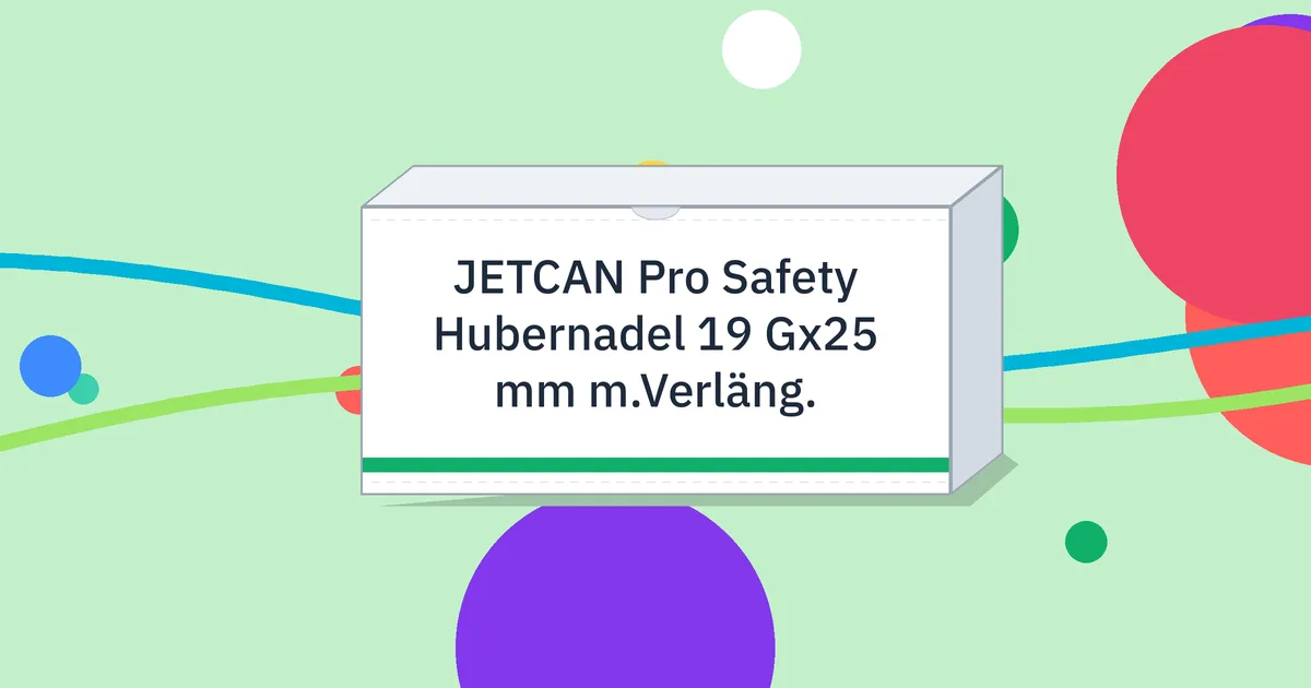 Symbolbild: Packung mit der Aufschrift JETCAN Pro Safety Hubernadel 19 Gx25 mm m.Verläng. (PZN 19421112) – Verfügbarkeit und Bezug in Apotheken in Frankfurt am Main
