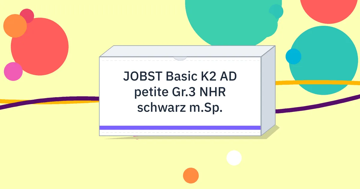 Symbolbild: Packung mit der Aufschrift JOBST Basic K2 AD petite Gr.3 NHR schwarz m.Sp. (PZN 15313271) – Verfügbarkeit und Bezug in Apotheken in Frankfurt am Main
