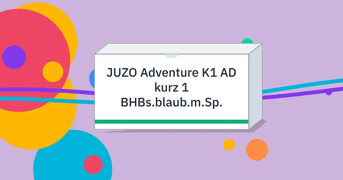 Symbolbild: Packung mit der Aufschrift JUZO Adventure K1 AD kurz 1 BHBs.blaub.m.Sp. (PZN 16345451) – Verfügbarkeit und Bezug in Apotheken in Frankfurt am Main