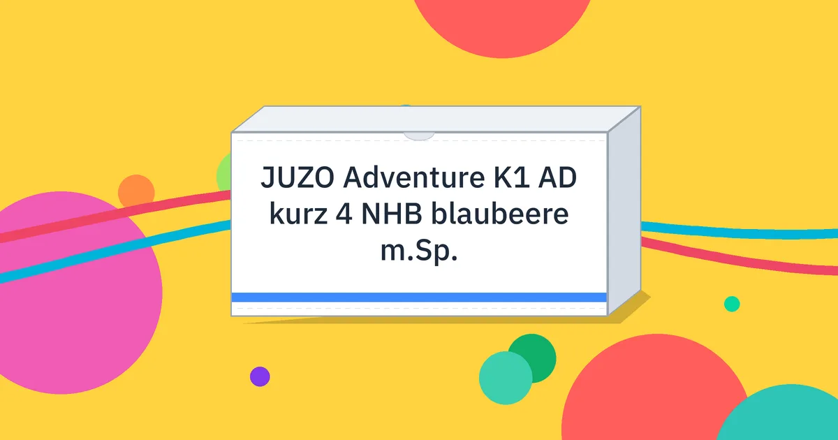 Symbolbild: Packung mit der Aufschrift JUZO Adventure K1 AD kurz 4 NHB blaubeere m.Sp. (PZN 16346580) – Verfügbarkeit und Bezug in Apotheken in Frankfurt am Main