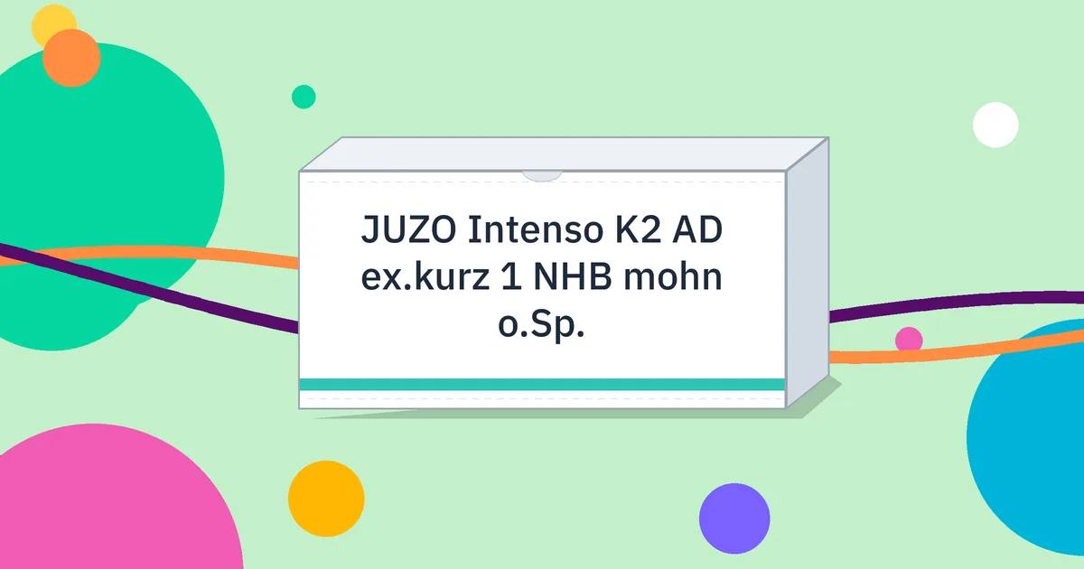 Symbolbild: Packung mit der Aufschrift JUZO Intenso K2 AD ex.kurz 1 NHB mohn o.Sp. (PZN 18622297) – Verfügbarkeit und Bezug in Apotheken in Frankfurt am Main