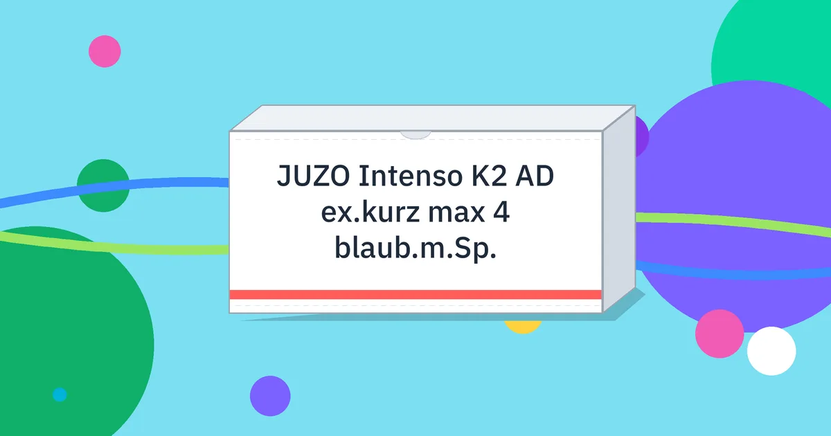 Symbolbild: Packung mit der Aufschrift JUZO Intenso K2 AD ex.kurz max 4 blaub.m.Sp. (PZN 18606915) – Verfügbarkeit und Bezug in Apotheken in Frankfurt am Main