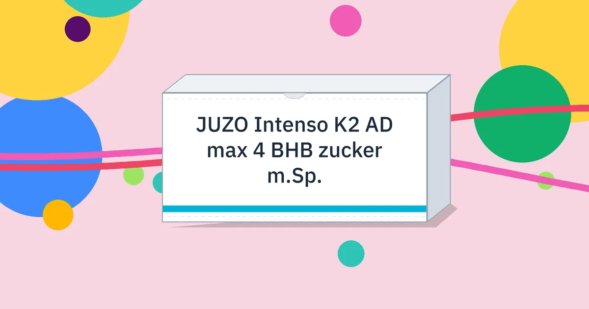 Symbolbild: Packung mit der Aufschrift JUZO Intenso K2 AD max 4 BHB zucker m.Sp. (PZN 18616078) – Verfügbarkeit und Bezug in Apotheken in Frankfurt am Main