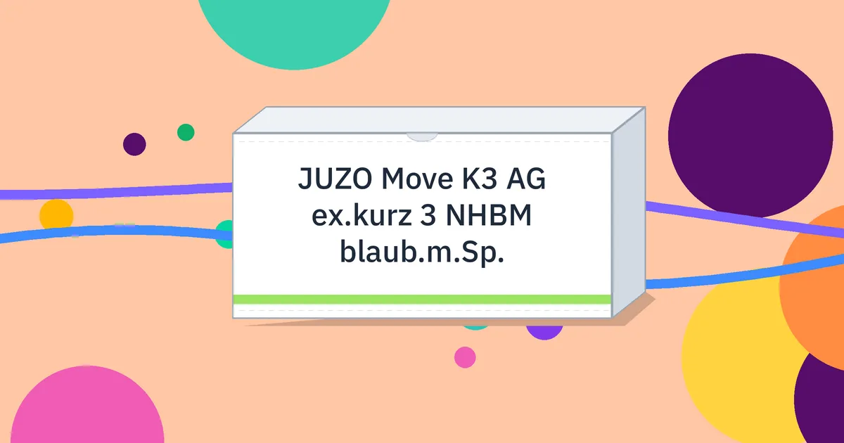 Symbolbild: Packung mit der Aufschrift JUZO Move K3 AG ex.kurz 3 NHBM blaub.m.Sp. (PZN 18594514) – Verfügbarkeit und Bezug in Apotheken in Frankfurt am Main