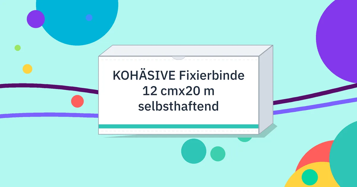 Symbolbild: Packung mit der Aufschrift KOHÄSIVE Fixierbinde 12 cmx20 m selbsthaftend (PZN 17542768) – Verfügbarkeit und Bezug in Apotheken in Frankfurt am Main