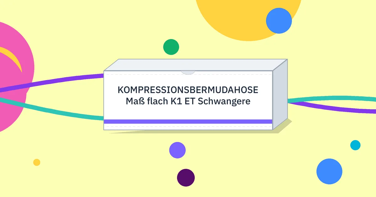 Symbolbild: Packung mit der Aufschrift KOMPRESSIONSBERMUDAHOSE Maß flach K1 ET Schwangere (PZN 16745937) – Verfügbarkeit und Bezug in Apotheken in Frankfurt am Main