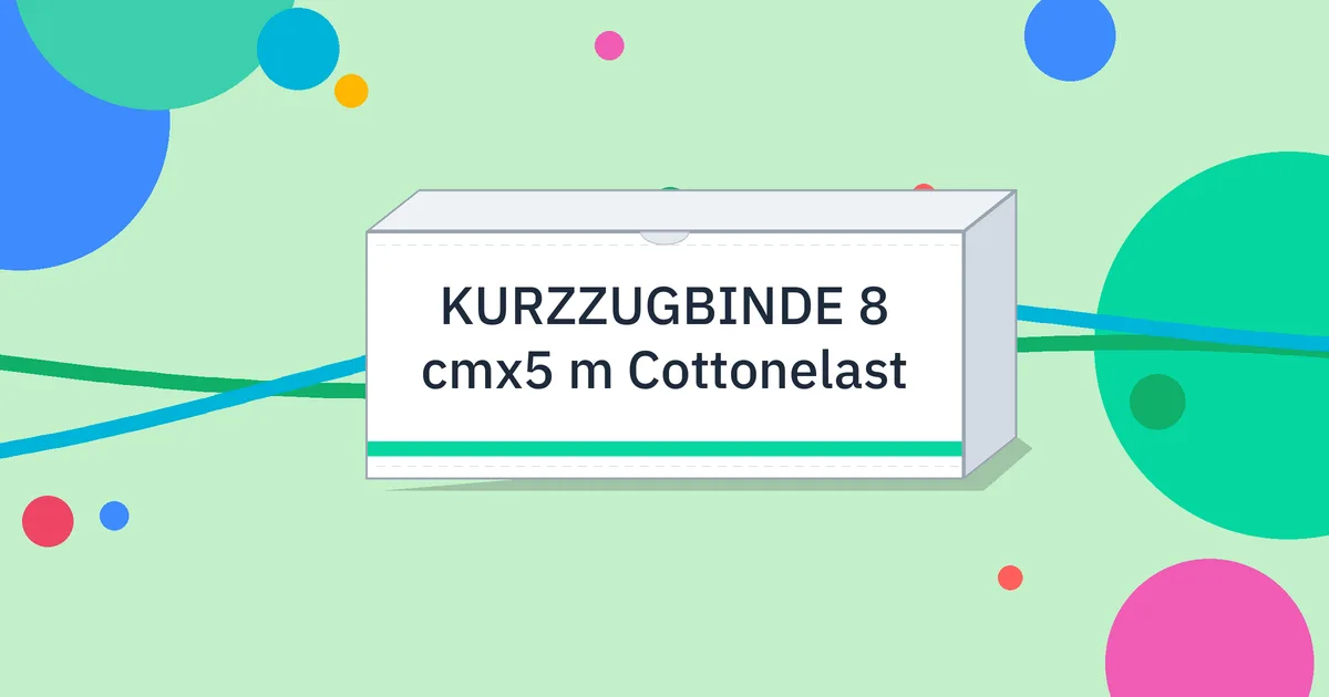Symbolbild: Packung mit der Aufschrift KURZZUGBINDE 8 cmx5 m Cottonelast (PZN 12774741) – Verfügbarkeit und Bezug in Apotheken in Frankfurt am Main