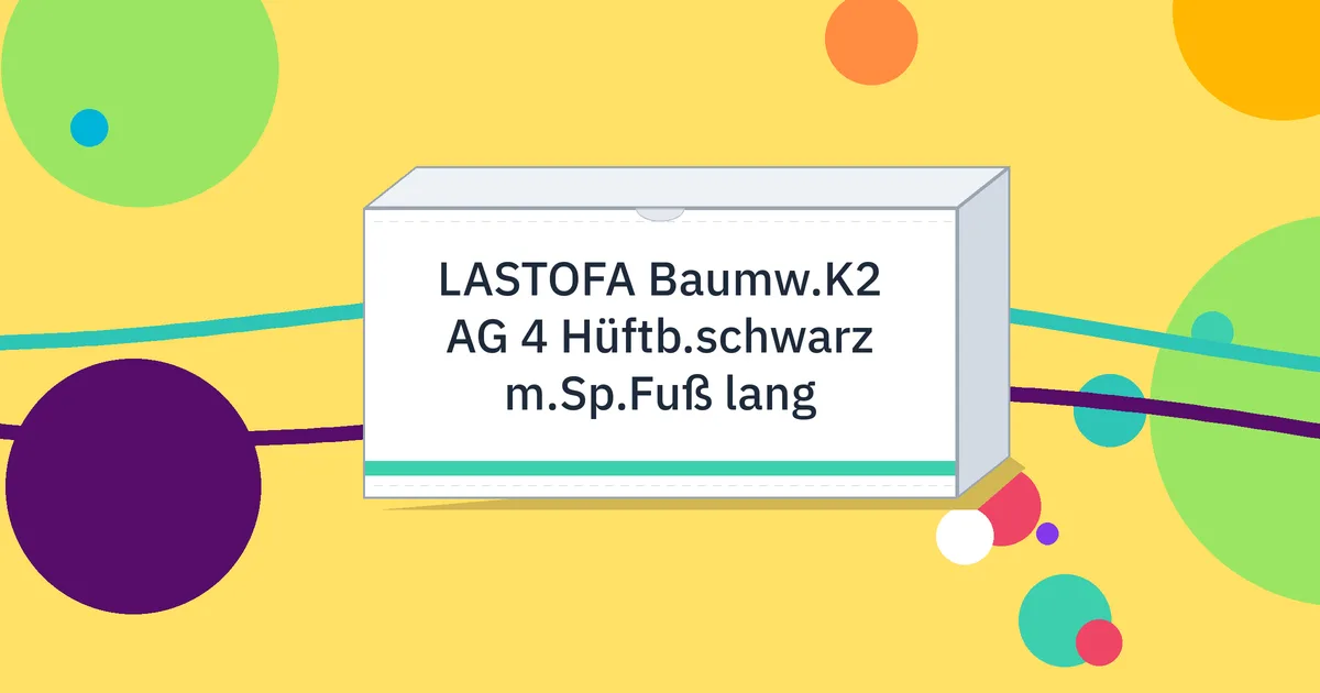 Symbolbild: Packung mit der Aufschrift LASTOFA Baumw.K2 AG 4 Hüftb.schwarz m.Sp.Fuß lang (PZN 01949203) – Verfügbarkeit und Bezug in Apotheken in Frankfurt am Main