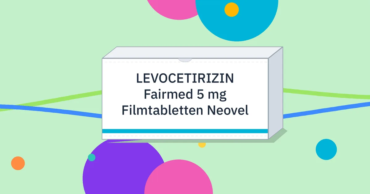 Symbolbild: Packung mit der Aufschrift LEVOCETIRIZIN Fairmed 5 mg Filmtabletten Neovel (PZN 16763013) – Verfügbarkeit und Bezug in Apotheken in Frankfurt am Main