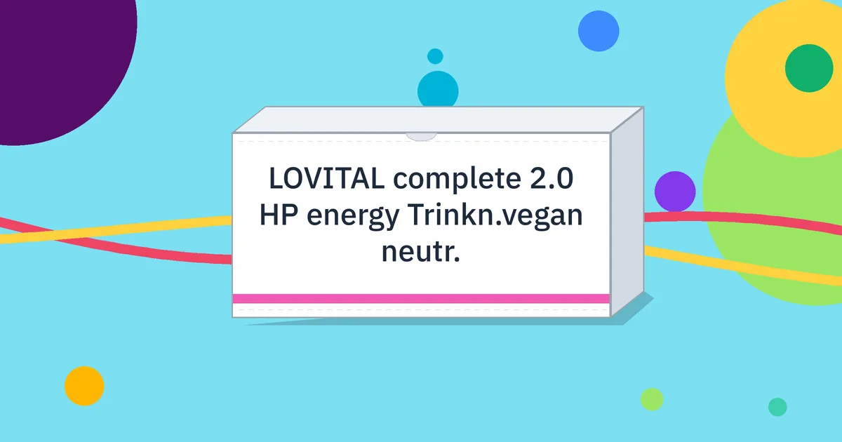 Symbolbild: Packung mit der Aufschrift LOVITAL complete 2.0 HP energy Trinkn.vegan neutr. (PZN 18654386) – Verfügbarkeit und Bezug in Apotheken in Frankfurt am Main