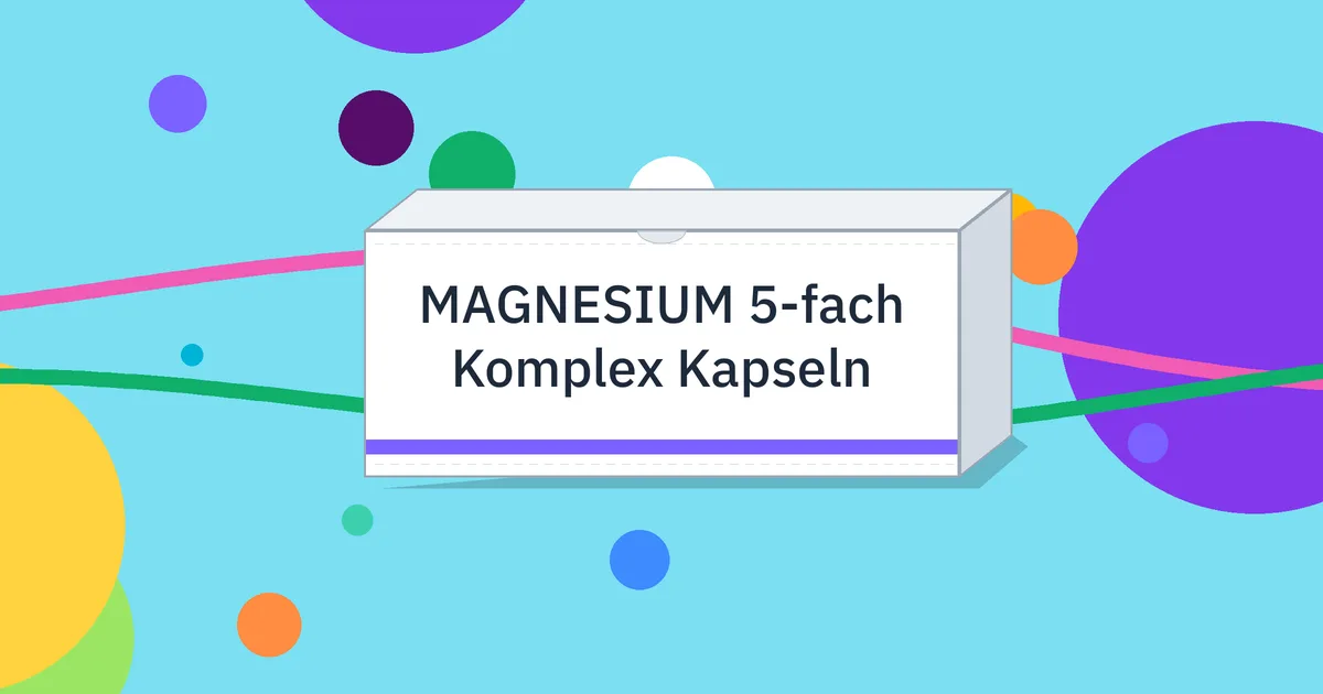 Symbolbild: Packung mit der Aufschrift MAGNESIUM 5-fach Komplex Kapseln (PZN 20285157) – Verfügbarkeit und Bezug in Apotheken in Frankfurt am Main