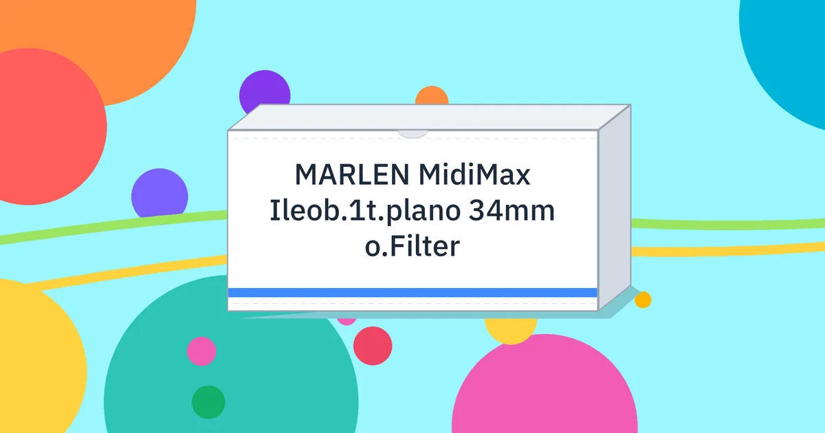 Symbolbild: Packung mit der Aufschrift MARLEN MidiMax Ileob.1t.plano 34mm o.Filter (PZN 16658428) – Verfügbarkeit und Bezug in Apotheken in Frankfurt am Main