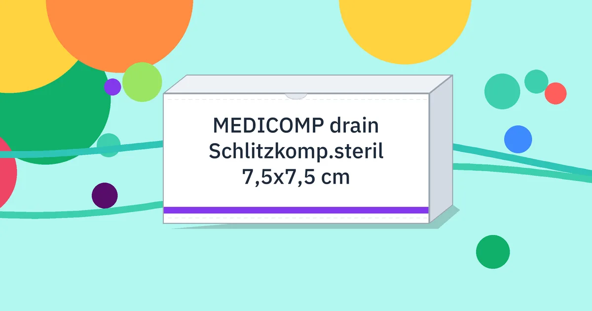 Symbolbild: Packung mit der Aufschrift MEDICOMP drain Schlitzkomp.steril 7,5x7,5 cm (PZN 12593809) – Verfügbarkeit und Bezug in Apotheken in Frankfurt am Main
