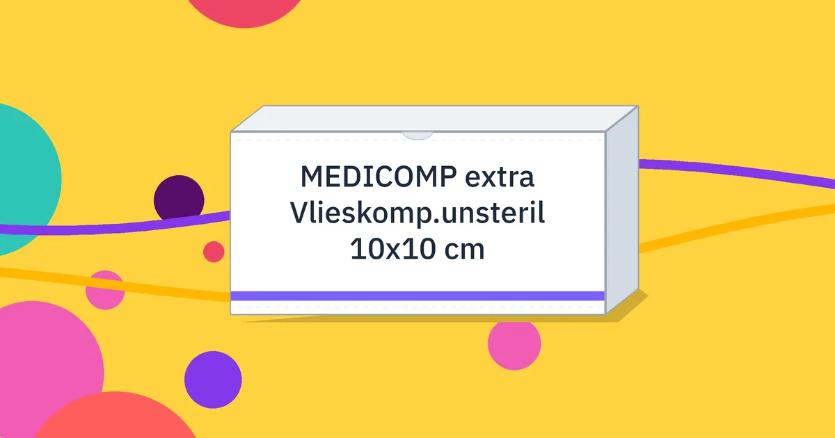 Symbolbild: Packung mit der Aufschrift MEDICOMP extra Vlieskomp.unsteril 10x10 cm (PZN 19526271) – Verfügbarkeit und Bezug in Apotheken in Frankfurt am Main