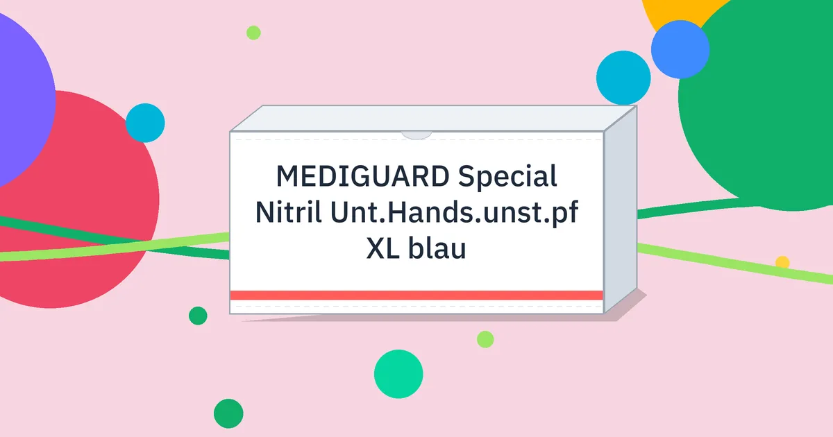 Symbolbild: Packung mit der Aufschrift MEDIGUARD Special Nitril Unt.Hands.unst.pf XL blau (PZN 16210260) – Verfügbarkeit und Bezug in Apotheken in Frankfurt am Main