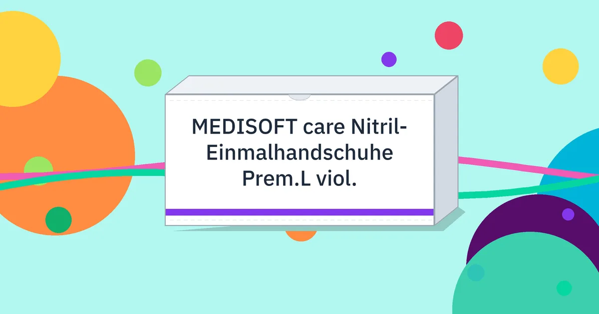 Symbolbild: Packung mit der Aufschrift MEDISOFT care Nitril-Einmalhandschuhe Prem.L viol. (PZN 20028294) – Verfügbarkeit und Bezug in Apotheken in Frankfurt am Main