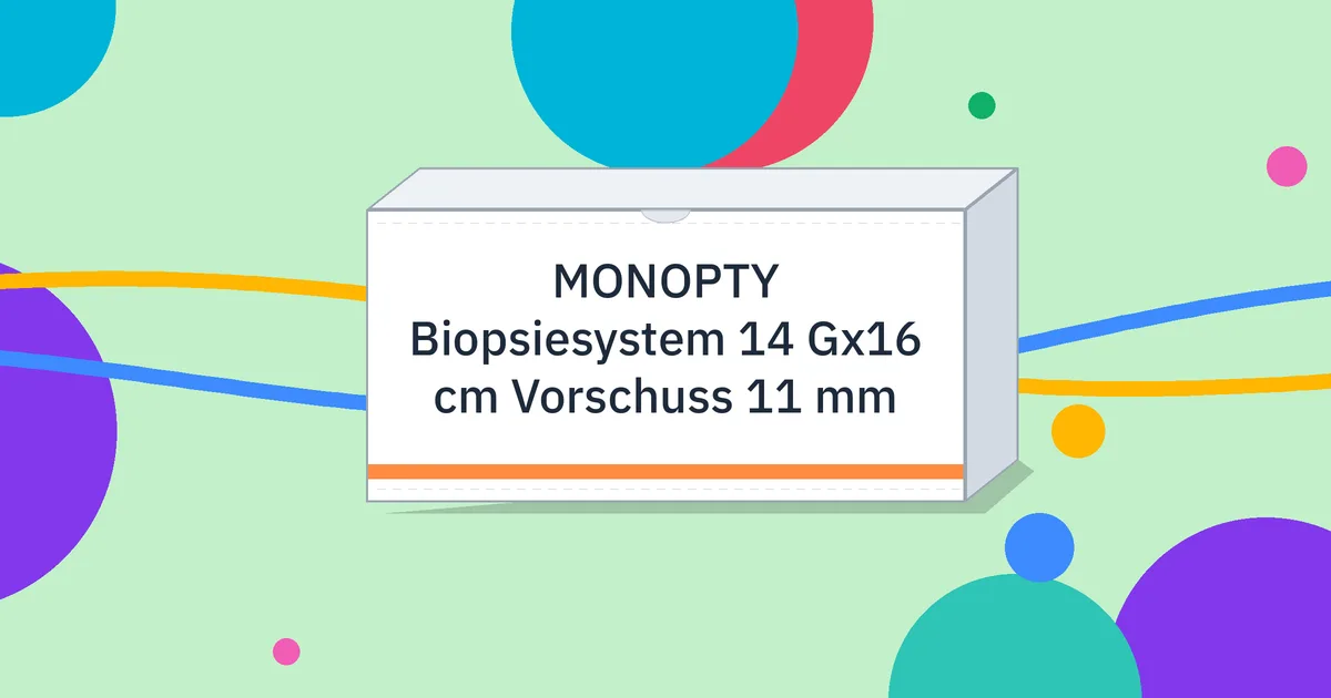 Symbolbild: Packung mit der Aufschrift MONOPTY Biopsiesystem 14 Gx16 cm Vorschuss 11 mm (PZN 03471591) – Verfügbarkeit und Bezug in Apotheken in Frankfurt am Main