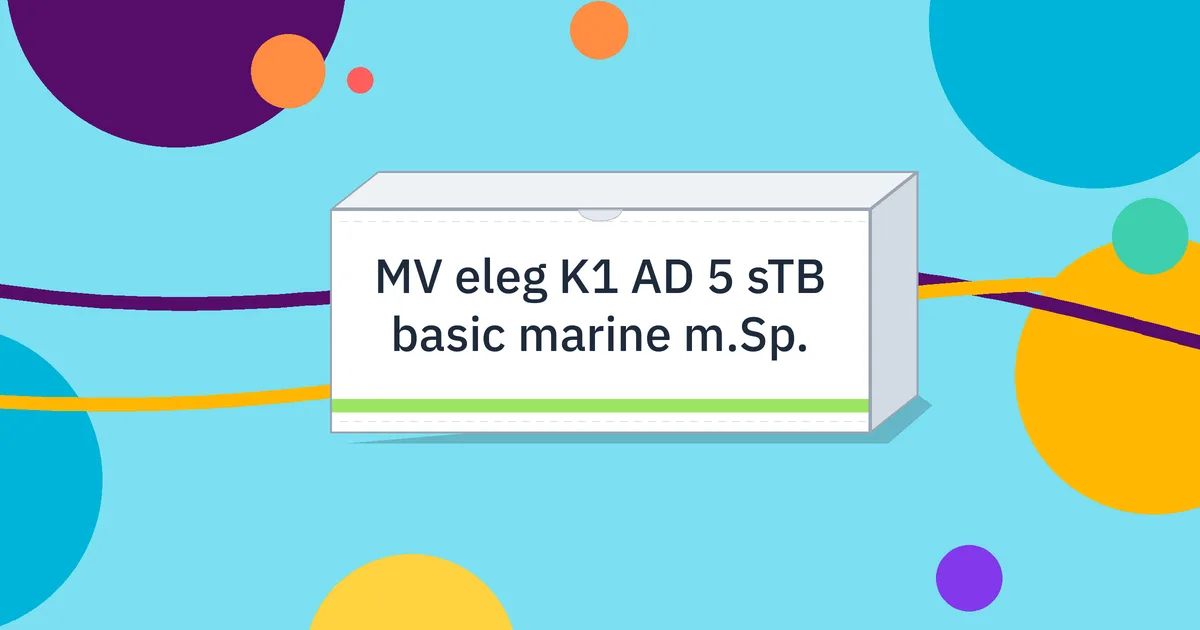 Symbolbild: Packung mit der Aufschrift MV eleg K1 AD 5 sTB basic marine m.Sp. (PZN 14584186) – Verfügbarkeit und Bezug in Apotheken in Frankfurt am Main